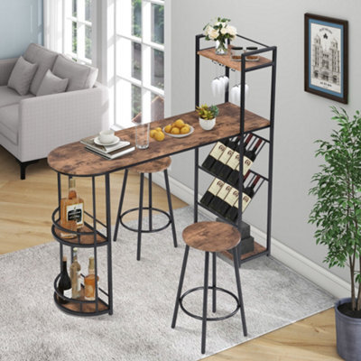 Matteo Rustic Industrial Bar Table Set With Wine Rack And Side Storage ...