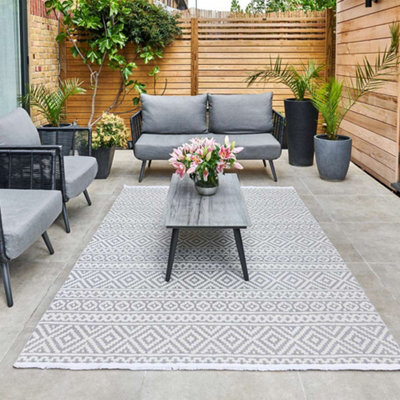 Grey Outdoor Rug, Geometric Stain-Resistant Rug For Patio Decks, 3mm ...