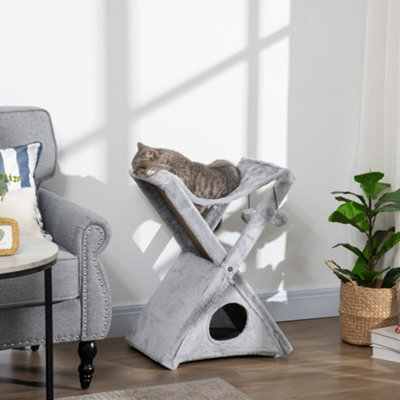Pawhut Two Tier Plush Folding Cat Tree Tower With Scratching Post Grey ...