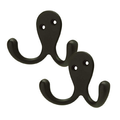 2 X Satin Black Double Coat Hooks, Door & Wall Robe Dress Garment ...