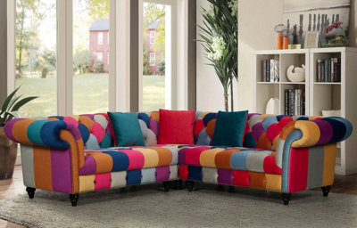 Multicoloured Velvet Patchwork 2C2 Seater Scroll Arm Chesterfield ...