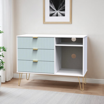 Linear Ready Assembled Matt Duck Egg & White Media Unit With 2 Shelves ...