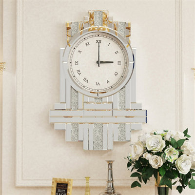Artloge 60Cm Large Mirrored Crushed Crystal Diamond Wall Clock Silver ...
