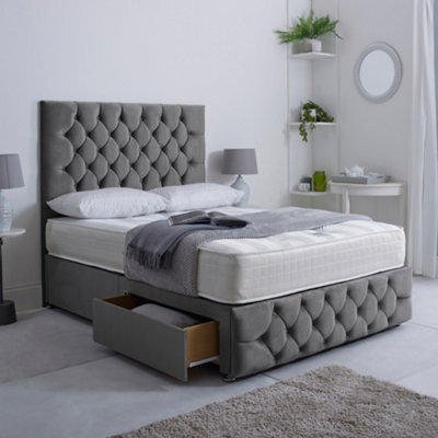 Bsspoke Luxury Divan Bed Set Grey Velvet 2 Drawers Footend 10Inch Good ...