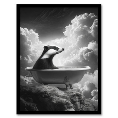 Artery8 Framed Wall Art Badger In Bathtub On A Mountain Cliff Black ...
