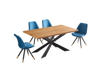 Life Interiors Sofia Duke Oak Lux Dining Set With 4 Blue Velvet Chairs by B&Q | ufurnish.com