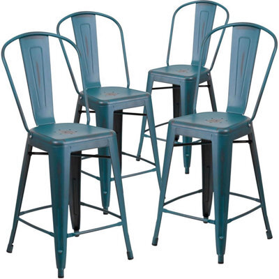 "Fwstyle Set Of 4 24"" Blue Teal Distressed Bar Stools Galvanised Steel ...