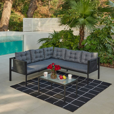 Home Detail Tara Black L-Shape Garden Sofa Set With Grey Cushions by B&Q | ufurnish.com