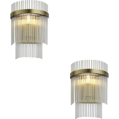 Loops 2 Pack Indoor Antique Brass Plate Wall Light - Clear Glass Rod ...