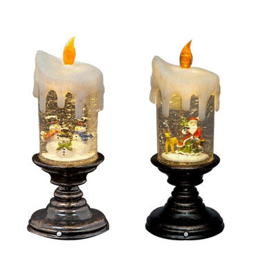Snowtime 25 Cm Led Water Candlestick Bundle Of 2 Snowman Scene & Santa ...