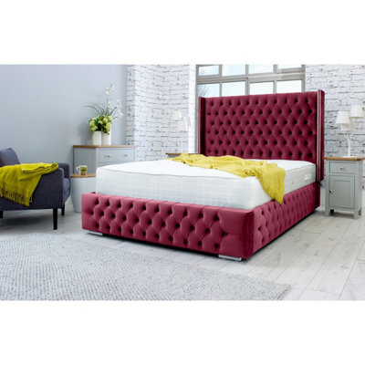Benito Plush Bed Frame With Winged Headboard - Maroon by B&Q | ufurnish.com