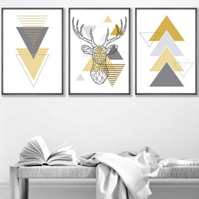 Artze Wall Art Set Of 3 Geometric Line Art Yellow Stag Head Triangles ...