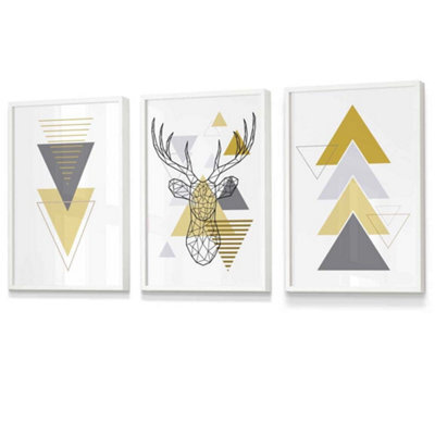 Artze Wall Art Set Of 3 Geometric Line Art Yellow Stag Head Triangles ...