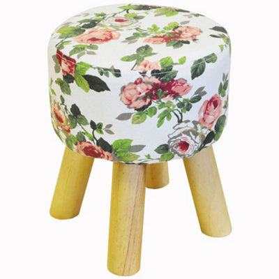 Watsons Floral Rose Patterned Upholstered Stool With Wood Legs White ...