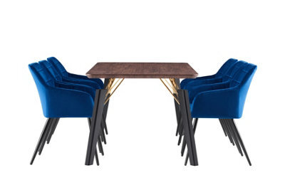 Life Interiors Camden Cosmo Brown Lux Dining Set With 6 Royal Blue ...