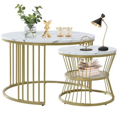 Btm Round Nesting Coffee Tables Set Of 2, Gold Metal Frame, Marble Top ...