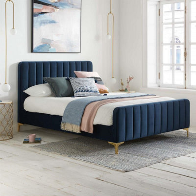 Double Bed Frame Navy Birlea Charles Midnight Blue Fabric 4Ft6 135Cm by ...