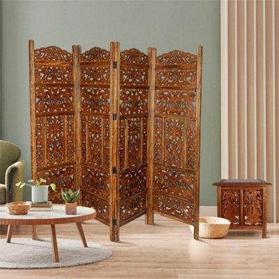 Topfurnishing 4 Panel Heavy Duty Carved Screen Wooden Leaves Design ...