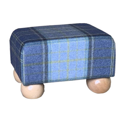 Small Tartan Footstool - Eltham Navy Blue - Natural Gloss Bun Feet by B ...