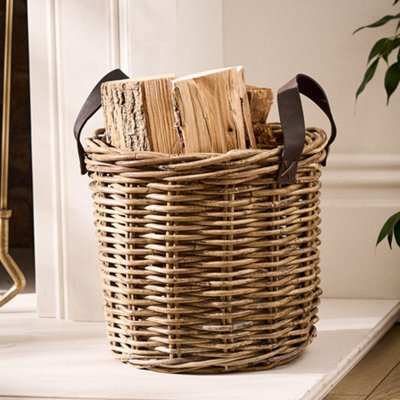 Dibor Traditional Style Large Log Storage Basket With Pu Leather ...