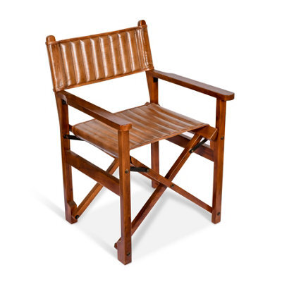 Real Genuine Leather Folding Kitchen Dining Chair Tan Brown Solid Wood ...