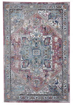 Blue Traditional Rug, 6mm Thick Easy To Clean Rug, Bordered Floral Rug ...
