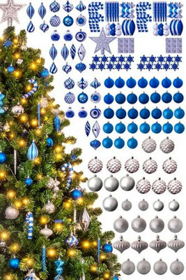 Christmas Tree World The 196Pc Blue & Silver Full Heavy Coverage Bauble ...