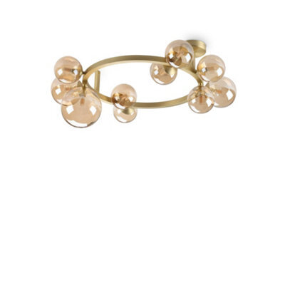 Ideal Lux Perlage 10 Light Globe Ceiling Light Brass, Amber Glass Shade ...