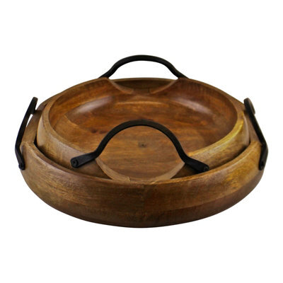 Geko Set Of 2 Mango Wood Bowls With Metal Handles by B&Q | ufurnish.com
