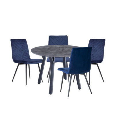 Buttercup Farm 1.1M Concrete Grey Round Dining Table And 4 Blue Velvet ...