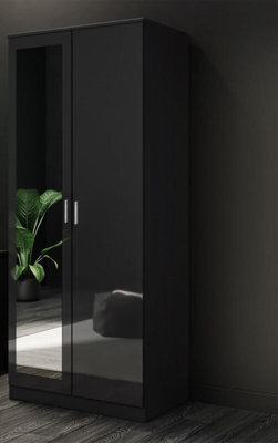 Comfy Living Black High Gloss 2 Door Wardrobe With One Mirrored Door by ...
