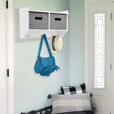 Wall-Mounted Wooden Storage Unit With 5 Hooks And 3 Fabric Baskets, Modern Coat Rack With ...