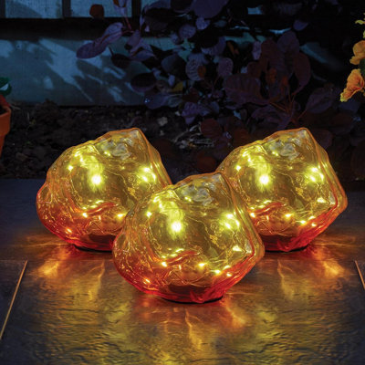 Set Of 3 Solar Powered Stone Lights - Yellow & Orange Decorative Glass ...
