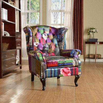 Fabric Patchwork Chesterfield Avici Scroll Wingback Chair by B&Q ...