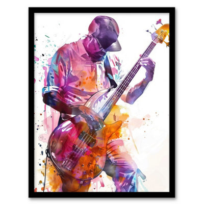 Artery8 Framed Wall Art Colourful Bassist Watercolour Musician Portrait ...