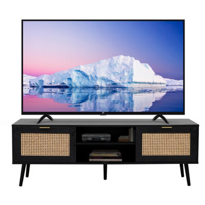Home Stuff Plus Modern Black Rattan Tv Stand Cabinet With Two Cupboards ...