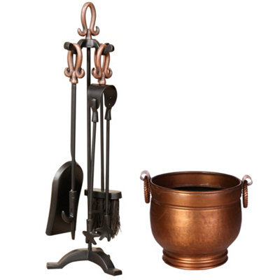 Dibor Antique Copper Handled Freestanding Fireside Companion Set With ...