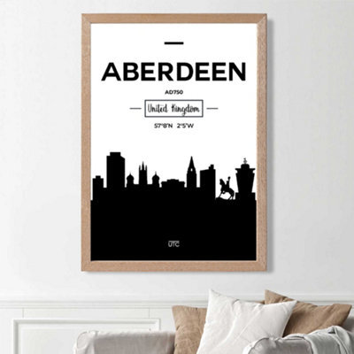 Artze Wall Art Aberdeen Black And White City Skyline Framed Print Size ...