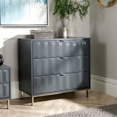 Home Source Siena 3 Drawer Grey High Gloss Bedroom Storage Chest Unit ...