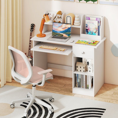 Costway Kids Study Desk Wooden Writing Table With Keyboard Tray-White ...