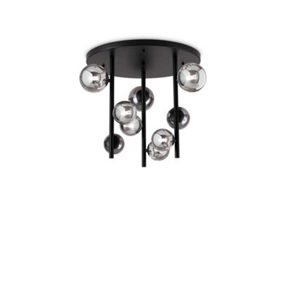 Ideal Lux Perlage 9 Light Globe Ceiling Light Black, Amber Glass Shade ...