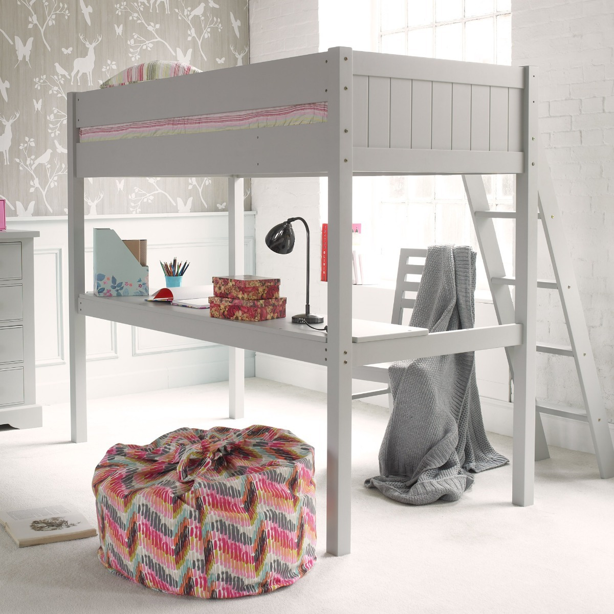 Pippin High Single Sleeper With Full Length Desk, White - Barker ...