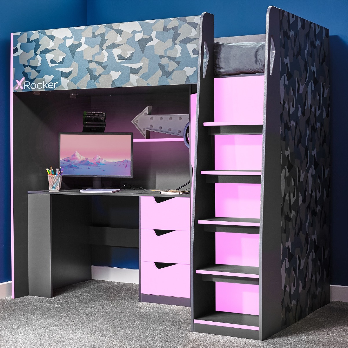 X Rocker XR Hideout Large Gaming Highsleeper with Desk Pink by Bed ...