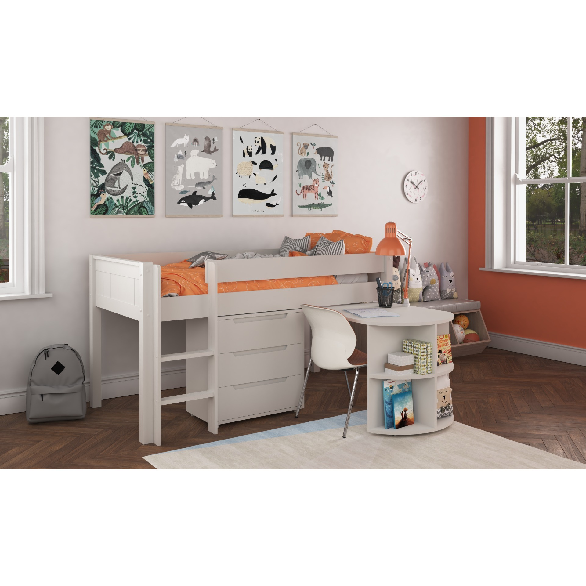 Stompa Classic Midsleeper With Pull Out Desk And 3 Drawer Chest White ...