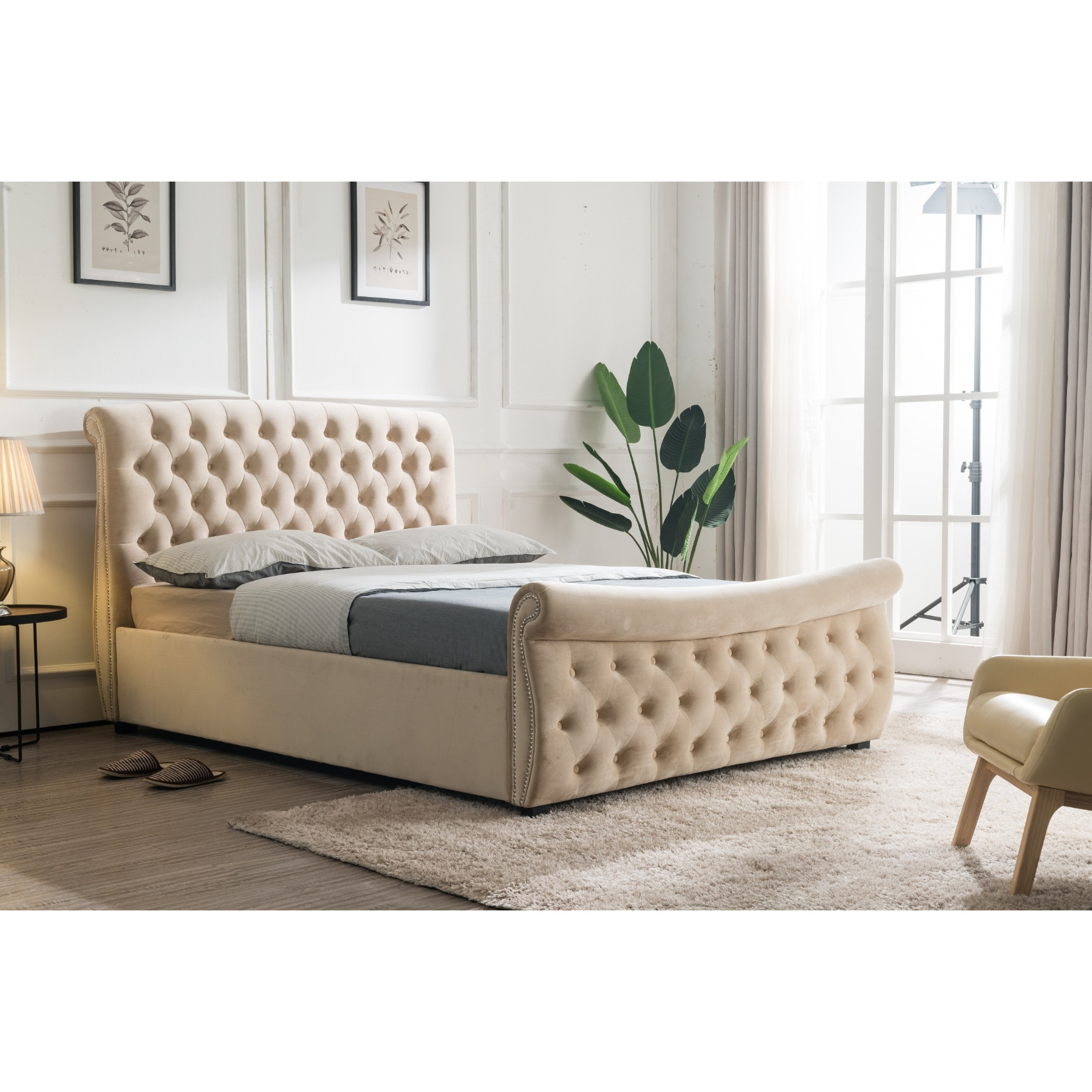 Flair Lucinda Chesterfield Side Lift Ottoman Bed Beige Velvet-Double by Bed Kingdom | ufurnish.com