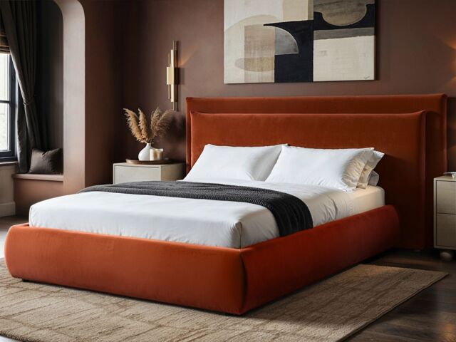 Solace+Co Sigrid Burnt Orange Velvet Cushion Headboard Ottoman Bed ...