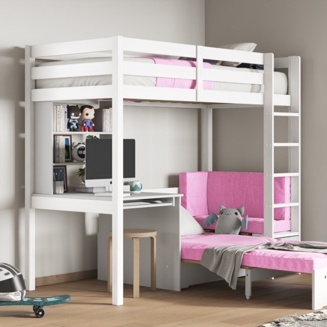 Noomi Eino High Sleeper with Futon & Desk White/Pink (FSC-Certified) by ...