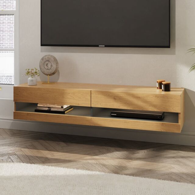 GFW Leon 180cm Wall TV Unit with LED-Oak by Bed Kingdom | ufurnish.com