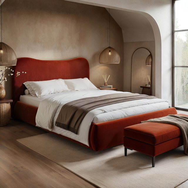 Solace+Co Ember Ottoman Bed Orange Velvet Double by Bed Kingdom ...