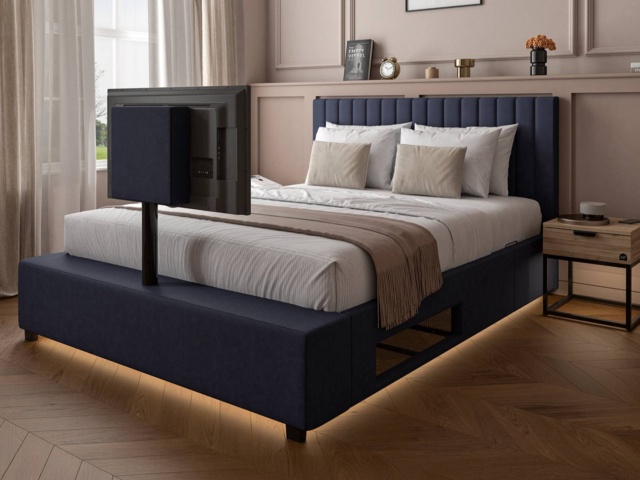X Rocker Maisie Upholstered Ottoman TV Bed with LED Lighting-Navy Blue ...